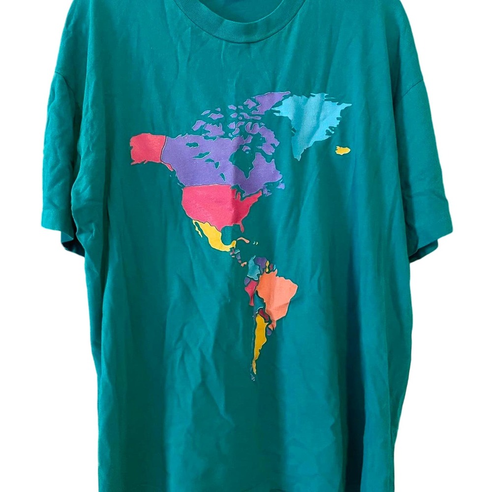 Vintage 90s Colorful World Map Single Stitch Shirt Ad… - Gem